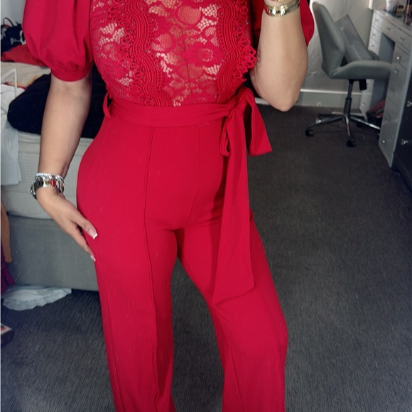 valentine | Pants & Jumpsuits | Chic Red Lace Jumpsuit | Poshmark